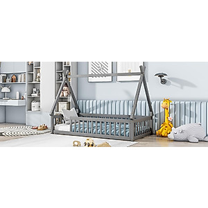 DreamBuck Twin Size Toddler Floor Bed, Montessori Floor Bed with Fence and Safety Guardrails, Solid Pine Tent-Shaped Floor Bed Frame for Kids Toddlers Girls Boys, Wood Slat Support, Grey