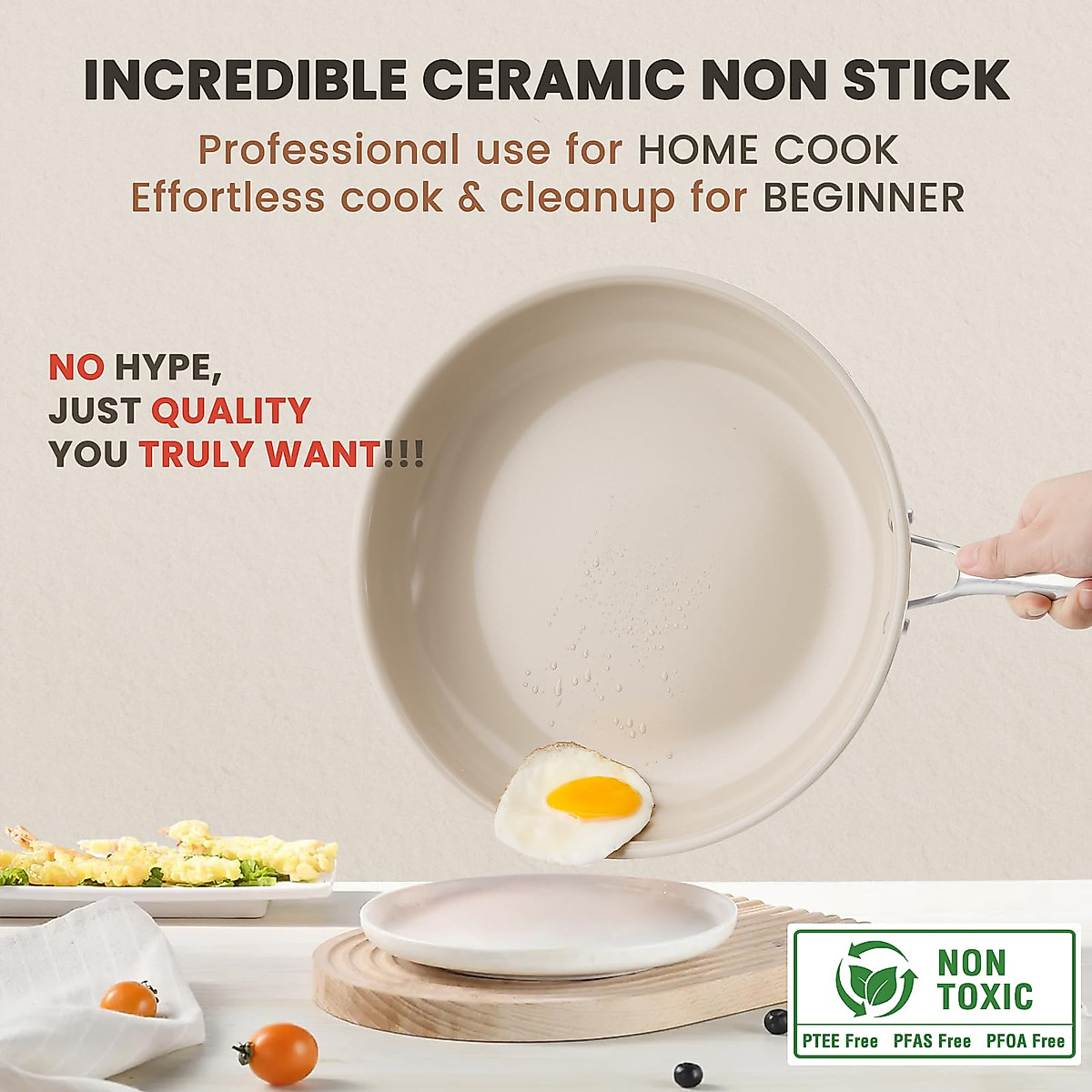 Kikcoin Non Stick Ceramic Frying Pans Skillet, 3 Pack Healthy Non Toxic Cookware Egg Cooking Pan with Stay Cool Handle, PFAS & PTFE & PFOA Free, Dishwasher & Oven Safe (8/9.5/11 inch)