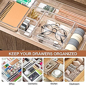 KPX 16pcs Makeup Drawer Organizer Set, Clear Plastic Desk Drawer Dividers, 5-Size Vanity Cosmetic Trays with Non-Slip Pads, Storage Bins for Kitchen Utensil,Jewelries and Office Accessories (16)
