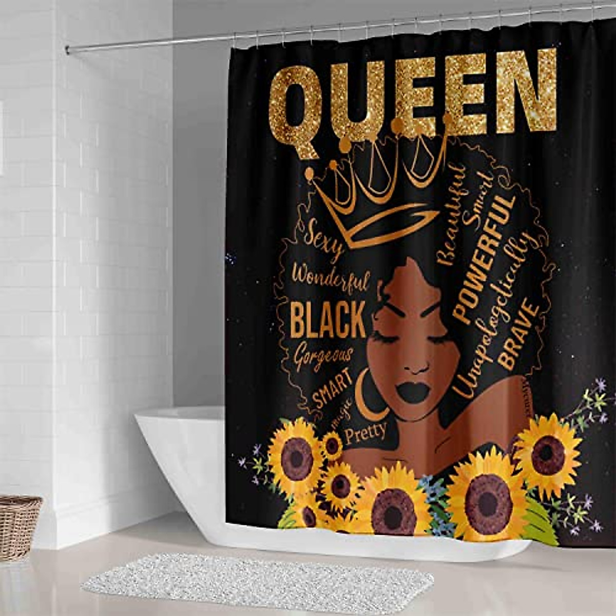 Mycurer African Bathroom Sets with Shower Curtain and Rugs,American Black Queen Inspiring Quotes Bathroom Sets with Accessories,Sunflower Black Girl Bathroom Curtains Shower Set,Large Size