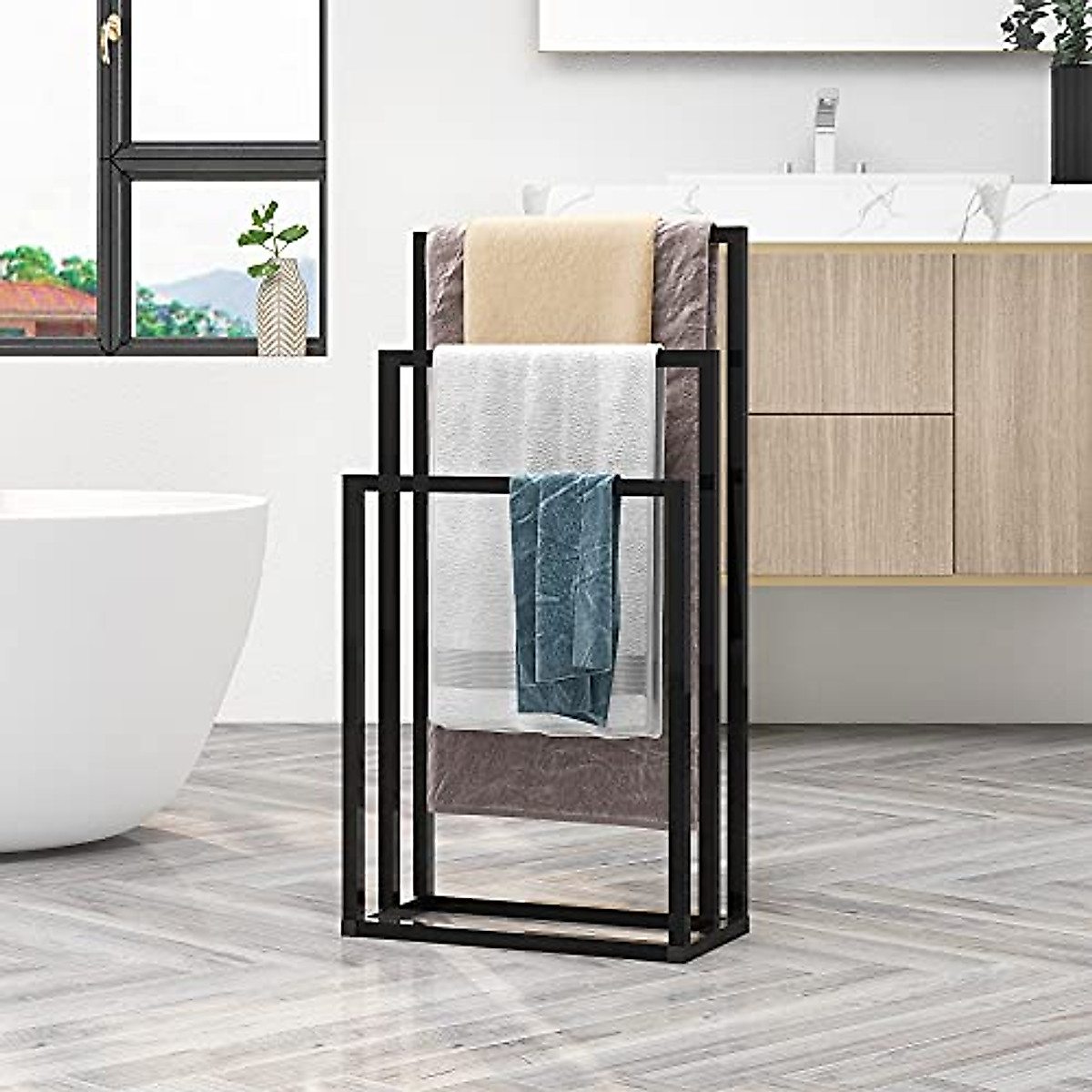 OMGO Metal Freestanding Towel Rack,3 Tiers Hand Towel Holder Organizer, Multipurpose Handtowel Drying Shelfs Stand for Bath & Blanket, Washcloths, Tub or Shower