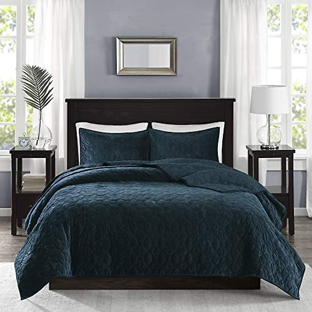 Madison Park Harper Quilt Set-Faux Velvet Casual Geometric Stitching Design All Season, Lightweight Coverlet, Cozy Bedding, Matching Shams, King/Cal King(104"x94"), Teal 3 Piece