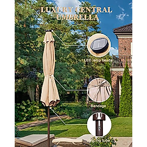 Zersun 9FT Patio Umbrella, Solar Powered LED Umbrellas with 32 LED Lights 8 Ribs/Tilt Adjustment and Crank Lift System for Garden, Backyard and Pool - Tan