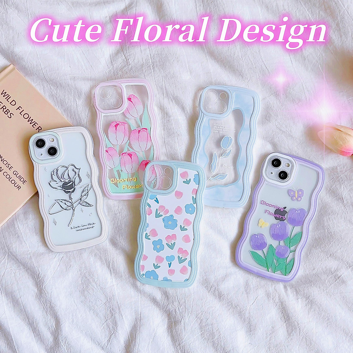 UICEAM Compatible with iPhone 13 Pro Max Case Clear with Floral Design for Women Girls,Aesthetic Cute Wavy Flowers Soft Shockproof Cell Phone Cover for iPhone 13 Pro Max (Rose/White)