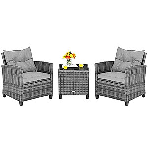 Tangkula 3 Pieces Patio Furniture Set, Outdoor PE Rattan Conversation Chair Set with Tempered Glass Side Table and Removable Cushions, PE Wicker Chairs and Table Set for Porch, Balcony and Garden