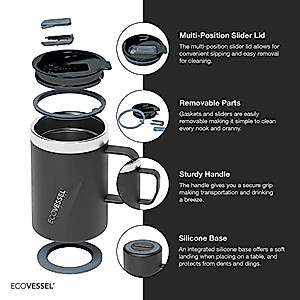 EcoVessel TRANSIT Stainless Steel Travel Mug/Coffee Mug with Slider Lid & Ergonomic Handle, Tumbler With Handle Insulated Coffee Mug - 12oz (Grey Smoke)
