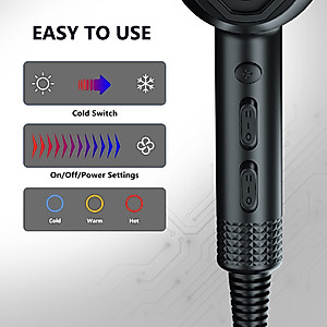 AIRYOMI Hair Dryer, 1875W Blow Dryer with Diffuser, Powerful Fast Dry Ionic Hair Dryer, Portable Hair Dryer, 3 Temps 2 Speed and Cold Settings, Black