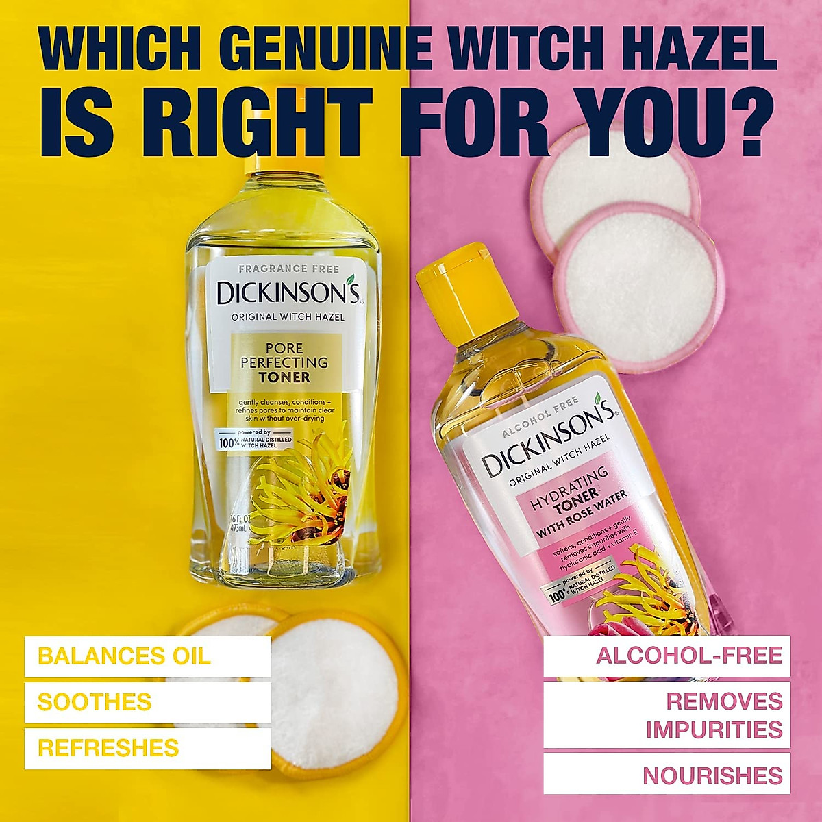 Dickinson's Enhanced Witch Hazel Hydrating Toner with Rosewater, Alcohol Free, 98% Natural Formula, 16 Fl Oz (Pack of 1)