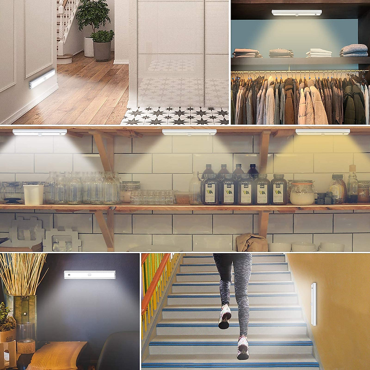 20-LED Motion Sensor Closet Lights Dimmable LED Closet Light ，Rechargeable Under Cabinet Lighting Stick-on Anywhere Night Light Bar for Cupboard, Hallway, Stairs, Kitchen, Bedroom, 4 Pack