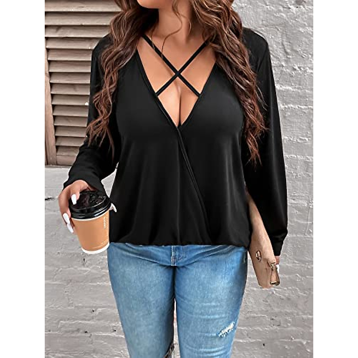 WDIRARA Women's Plus Size Criss Cross Wrap Deep V Neck Long Sleeve Tee T Shirt Black 2XL