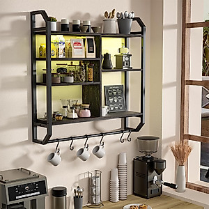 Nidouillet Gaming Floating Shelves, Large LED Wall Mounted Display Shelf, Adjustable Hanging Pipe Shelf Bookshelf with Lights 6 Hooks for Game Living Room Bedroom Coffee Bar Kitchen Decor Black