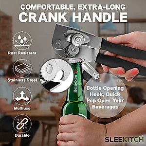 Sleekitch Commercial Can Opener Manual Heavy Duty, Hand Crank Can Opener, Large Handheld Can Opener Easy for Big Cans, Swing Grip Design, Manual Can Opener with Comfortable Easy Crank Handle, Black