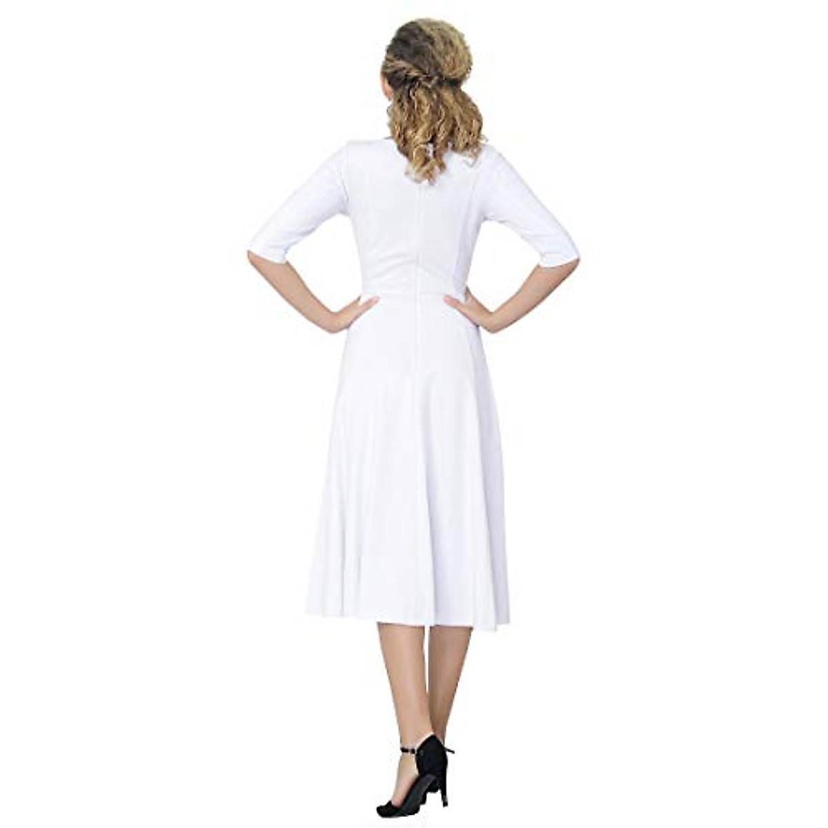 Marycrafts Women's Fit Flare Tea Midi Dress for Office Business Work 12 White