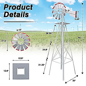 Crownland 8FT Ornamental Windmill Backyard Garden Decoration Weather Vane, Heavy Duty Metal Wind Mill Weather Resistant 4 Legs Design (Grey)