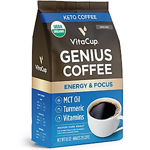 VitaCup Organic Genius Ground Keto Coffee, Increase Energy & Focus w/MCT Oil, Turmeric, B Vitamins, D3, USDA Organic Ground Coffee Medium Dark Roast, Bold & Smooth, 100% Arabica Coffee Grounds, 10 oz