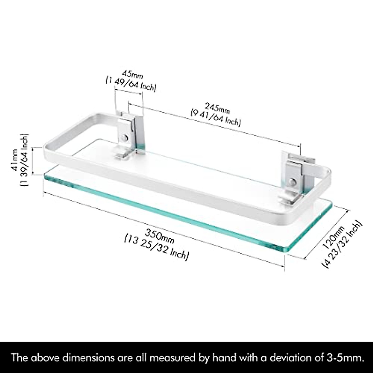 KES Bathroom Glass Shelf Aluminum Tempered Glass 8MM Extra Thick 2 Pack Rectangular 1 Tier Storage Organizer Wall Mount Silver, A4126A-P2