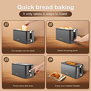 Mecity 4 Slice Toaster, Long Slot Toaster With Warming Rack, Bagel/Defrost/Reheat Functions,Warming Rack, Crumb Tray, 6 Browning Settings, Extra Wide Long Slots, Stainless Steel, 1300W,Grey