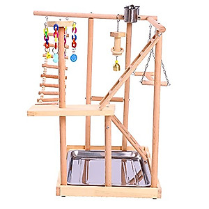 QBLEEV Wood Parrot Playground Perches with Swing,Birds Chewing Climbing Ladder Toys, Bird Training Play Stands Feer Cups for Parakeets Conures Cockatiel Lovebirds (18.7" L *12.8" W *20.87" H)