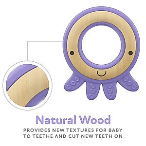 Nuby Natural Wood & Silicone Teether: Octopus, 3M+, Purple (80804)