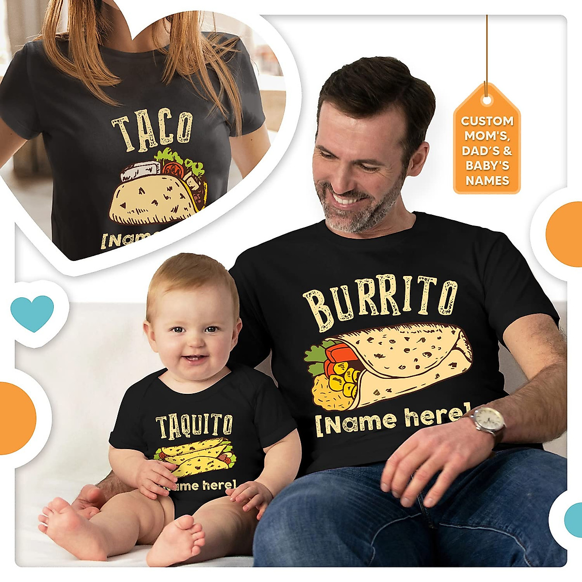 365fury Personalized Family Matching Shirt for 3, Burrito Taco & Taquito Matching Shirts Outfit Black, New Parent Gifts, Baby 1st Birthday, First Fathers Day