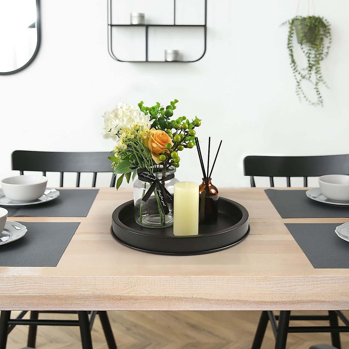 FRTIM 11.4 Inches Round Decorative Serving Tray, Green Decorative Tray Candle Tray for Coffee Dining Table Modern Farmhouse Kitchen Countertop Centerpiece Home Decoration