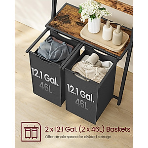VASAGLE Laundry Basket, 2-Section Laundry Hamper with Blanket Ladder, Pull-Out and Removable Liners, Shelf, 5 Hooks, 2 x 12.1 Gallons, 28.7 x 13 x 69.7 Inches, Rustic Brown and Black UBLH221B01