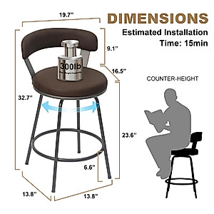 FERFALDER 24 Inch Swivel Counter Height Bar Stools Set of 2, Modern Counter Height Bar Stools with Backs, Leather Counter Height Bar Stools for Kitchen Island, Brown