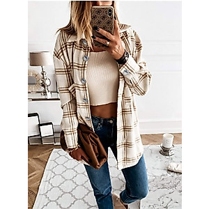MISSACTIVER Women’s Flannel Plaid Shirts Oversized Long Sleeve Collared Boyfriend Plaid Blouse Shacket Top (Medium, Off-White)