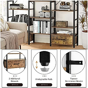 oneinmil Triple Wide 5-Tier Bookshelf with 2 Drawers, Rustic Etagere Book Shelves Display Shelf for Home Office, Industrial Style Wood and Metal Bookshelf in Living Room, Study, Bedroom (Brown)