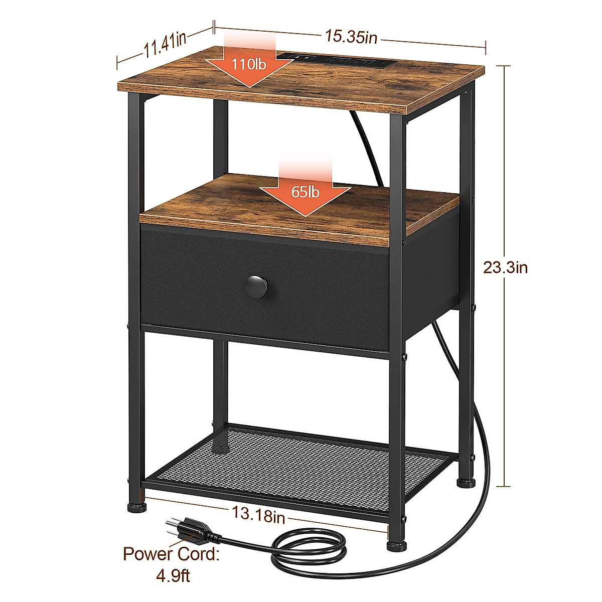 LOAKEKEL Night Stand Set 2, LED Nightstand with Charging Station, End Tables with Fabric Drawer for Small Spaces, Bedside Table with Storage Shelf for Bedroom, Brown, HETS01BR