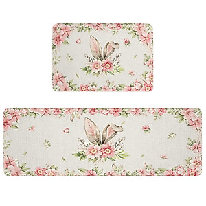 Easter Bunny Ears Kitchen Mats and Rugs Set of 2, Spring Watercolor Flowers Washable Absorbent Kitchen Runner Rug Carpet Anti-Fatigue Comfort Mat for Kitchen Bathroom Laundry 20x31.5+20x47