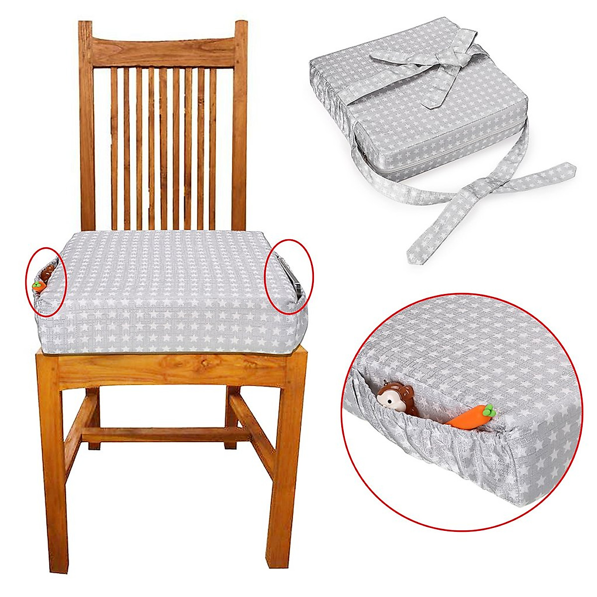Sumnacon Chair Increasing Cushion - Baby Toddler Kids Infant Portable Dismountable Highchair Booster Cushion Washable Thick Chair Seat Cloth Strap (Grey Star)