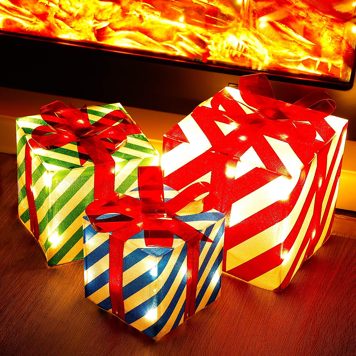 ATDAWN Set of 3 Lighted Gift Boxes Christmas Decorations, Pre-lit Light Up Present Boxes with Red Green and Blue Stripe for Christmas Indoor Home Outdoor Yard Lawn