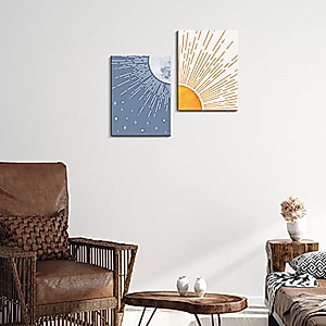 Creoate Boho Wall Decor Art 2 Pieces Sun and Moon Picture Canvas Print Framed Set Artwork for Minimalist Home Decor, Modern Boho Wall Art, 12x16 Inch x2pcs