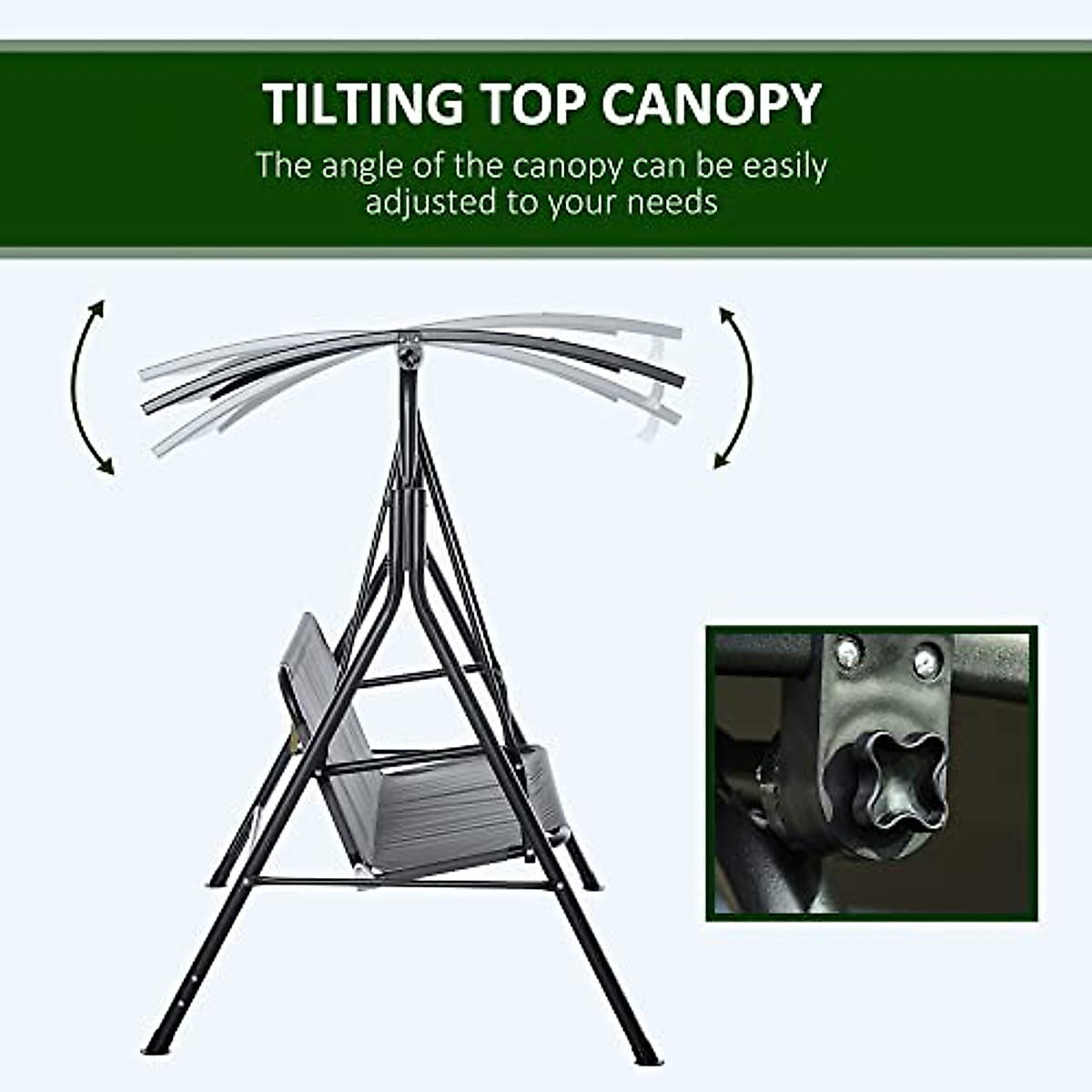 Outsunny Outdoor Patio Swing Chair, Seats 3 Adults, Includes Stand, Adjustable Sun Shade Canopy, Steel Frame, Shaded Bench, Gray