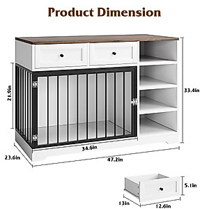 GAOMON Dog Crate Furniture 47”, Large Dog Crate with 2 Drawers and 4 Shelves, Wooden Heavy Duty Dog Crate, Decorative Dog Indoor Kennel Furniture Indoor with Storage, White