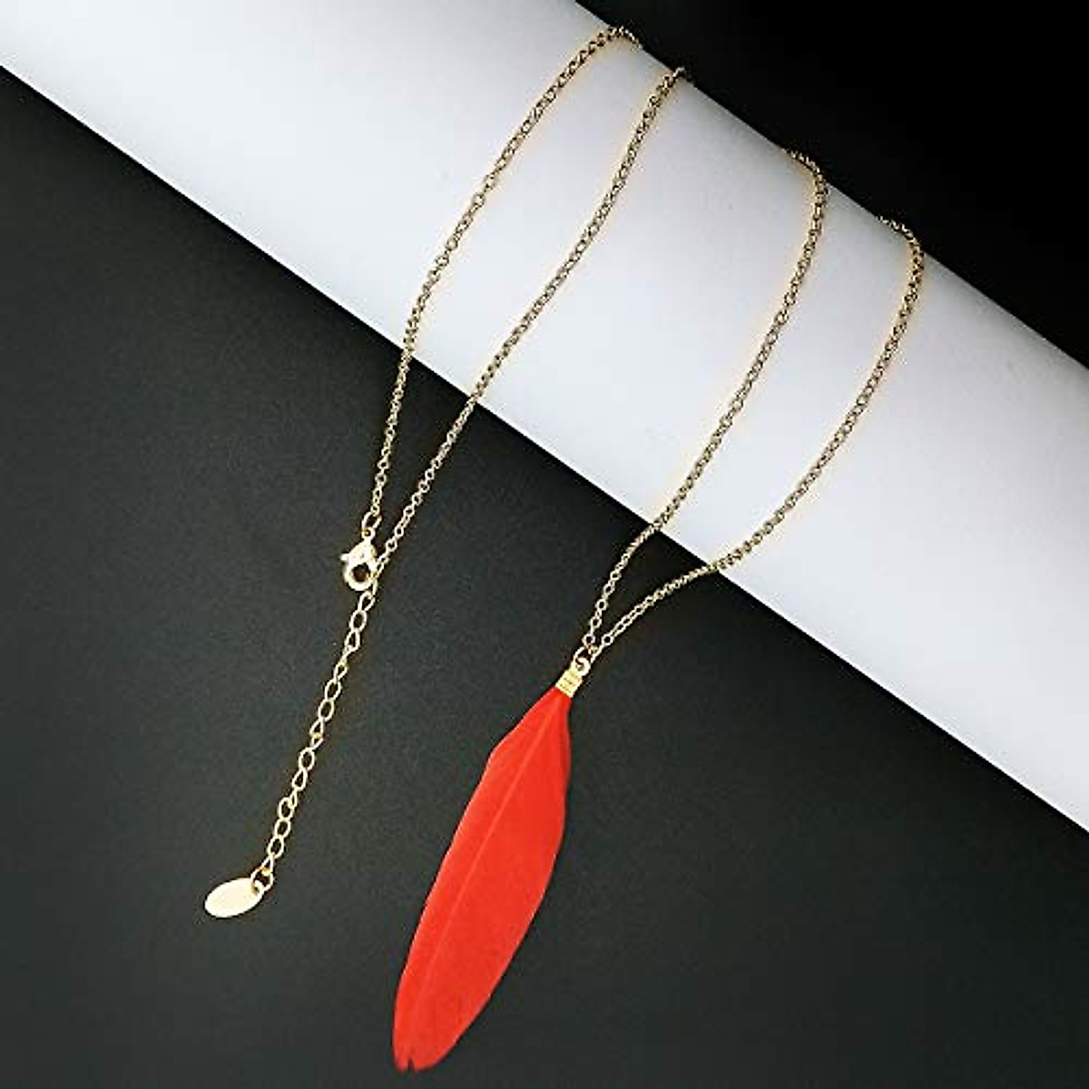 Is Never Enough Long Colorful Feather Pendant Necklace,Light Bird Feather Sweater Chain for Women Party Jewelry (C:red)