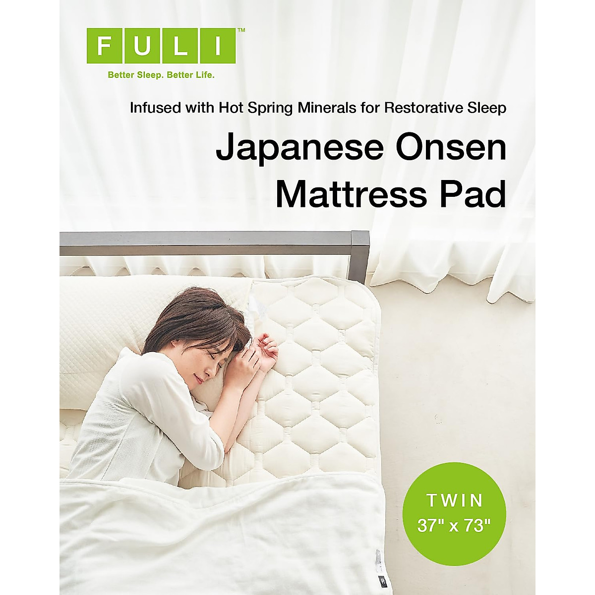 FULI Mattress Pad Infused with Restorative Japanese Onsen Minerals for Better Sleep, Rejuvenating Anti-Aging Hormesis Hot Spring Mattress Topper, Made in Japan - Twin Size (37.4" x 72.8")