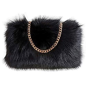 FHQHTH Faux Fox Fur Purse Fuzzy Handbags for Women Evening Handbags Al alloy Shoulder Strap [Black]