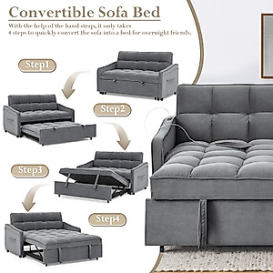 JEEOHEY Sleeper Sofa Couch with Type C, USB Port, 3 in 1 Modern Velvet Convertible Loveseat Sofa w/Pull Out Bed, Curved Armrest for Small Space Livingroom Apartment Office, Grey