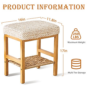 Cpintltr Foot Stool Natural Seagrass Hand Weave Poufs Square Ottoman Bench Modern Dressing Stool Small Stool Side Table Footstool with Wood Legs Vanity Stool for Bathroom Living Room Natural White