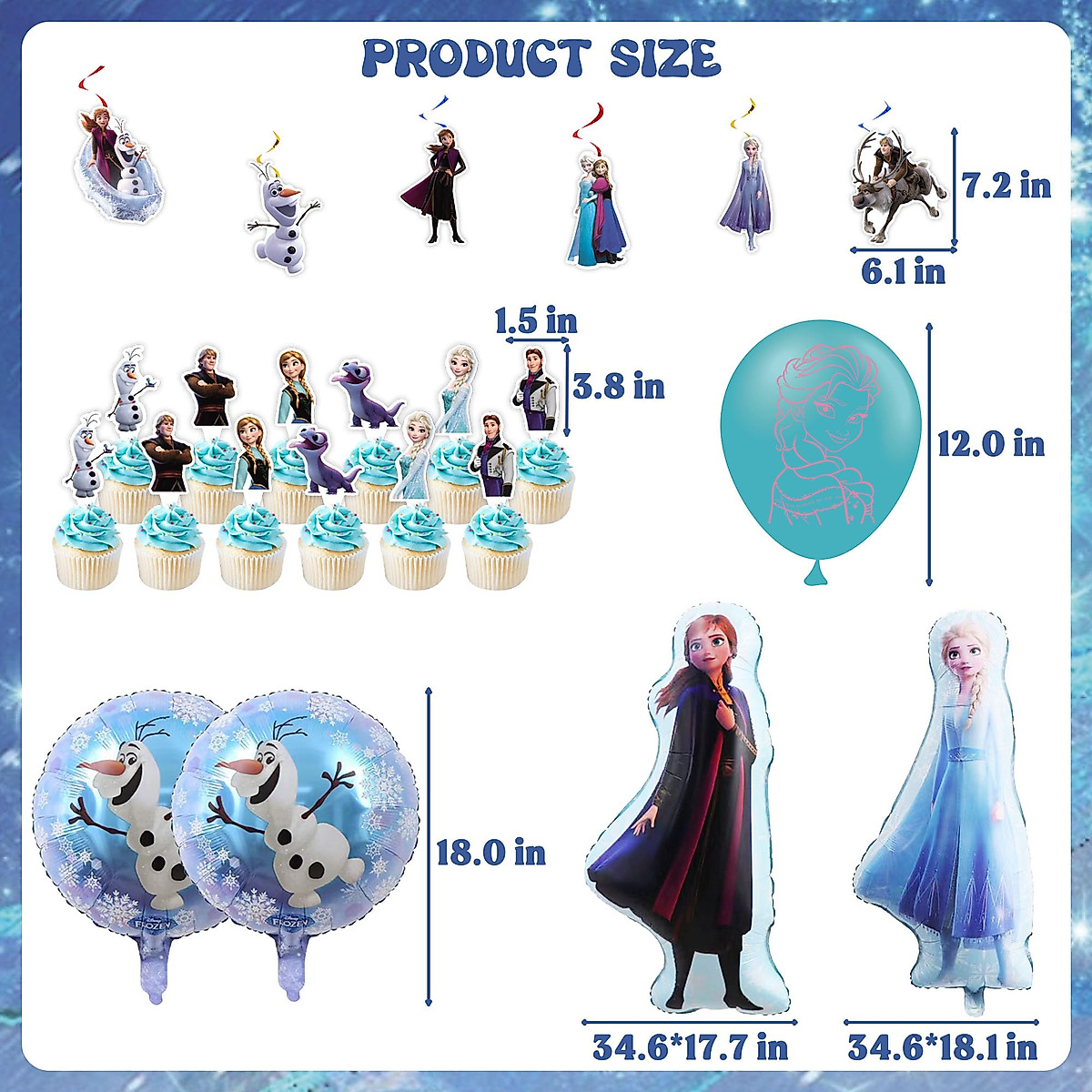 Frozen Birthday Party Supplies for Girls, Frozen Birthday Party Decorations Include Banner, Frozen Balloons, Hanging Swirls, Stickers, Cupcake Toppers, Tablecloth