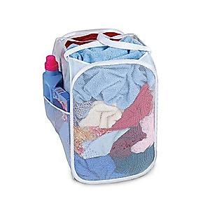 Smart Design Pop Up Laundry Hamper with Easy Carry Handles and Side Pocket - Durable Mesh Fabric - Collapsible Design - Clothes and Laundry - Home Organization - Holds 2 Loads - 13 x 21 Inch - White