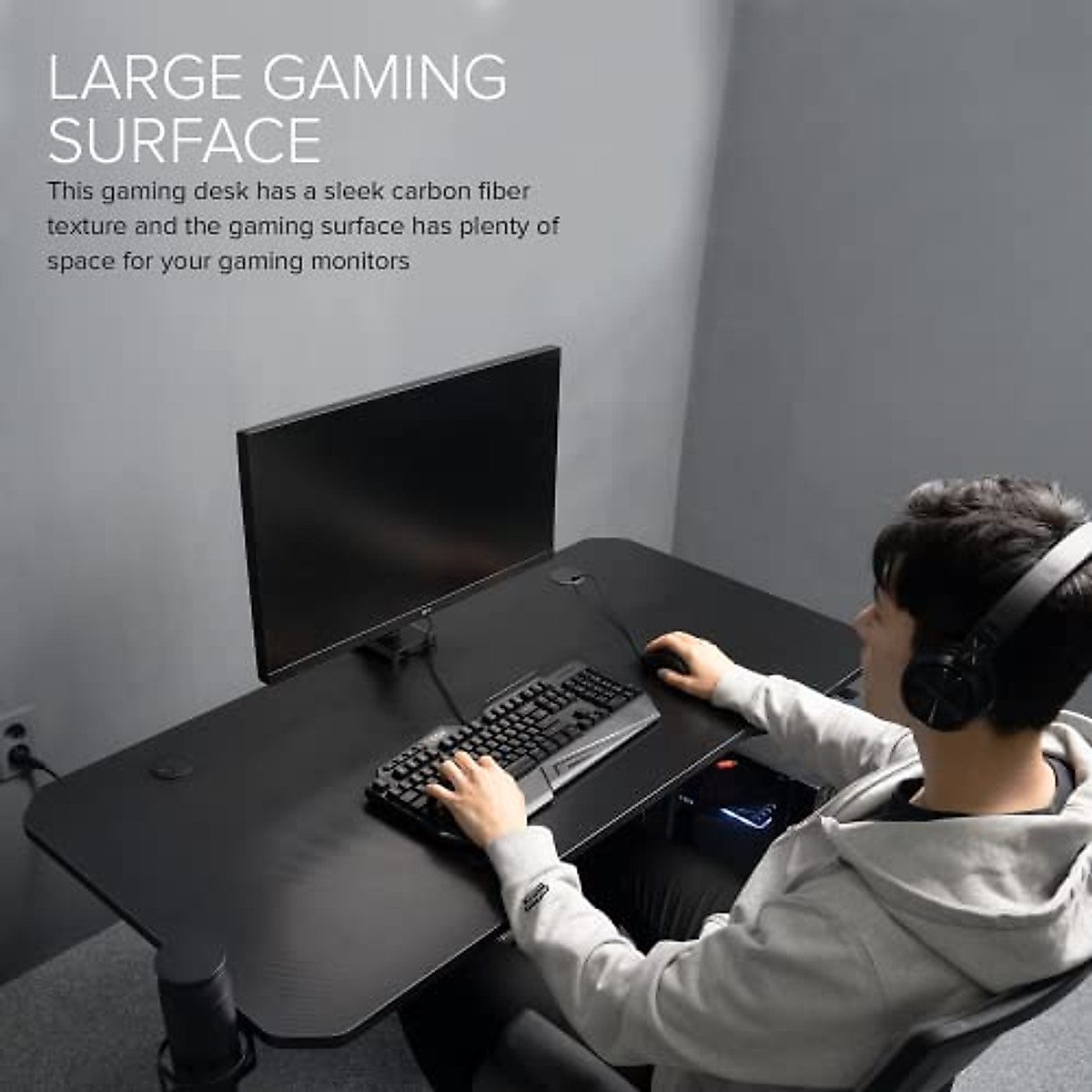 POUT Game Station 1 RGB LED Gaming Desk with LED Lights, Headphone Hook, Cable Hole, 16-Color Controller & Cup Holder — 47-inch Premium Steel Gamer Desk with Carbon Fiber Surface (Black)