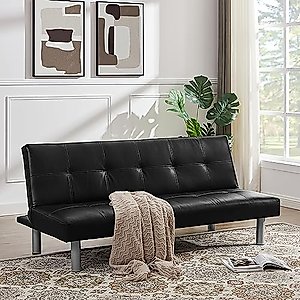 Eafurn Faux Leather Convertible Futon Sofa Adjustable Sleeper Couch Modern Home Recliner Reversible Loveseat Folding Daybed Guest Bed Small Sofabed with Metal Legs for Dorm, Apartment, Black 66.92"