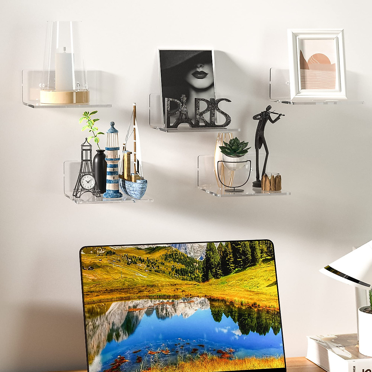 Sezanrpt 6 Inches Acrylic Small Wall Shelves, Clear Floating Shelf for Wall Mounting, Acrylic Display Ledges for Funko Pop Figures, Home Décor, Living Room, Gaming Room, Plants, 2 Pack