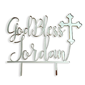 Personalized God Bless Cake Topper with Cross Name Baby Baptism centerpiece Christening Topper 1st First Holy Communion Religious Toppers Blessed Custom Sign Christian Acrylic Party Anniversary Gifts