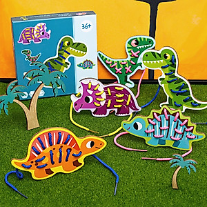 Atoylink 5 Pack Dinosaur Lacing Cards Wooden Threading Lacing Toy for Toddlers Travel Toys Preschool Games Fine Motor Skills Educational Toys for 3+ Year Old Kids Gifts