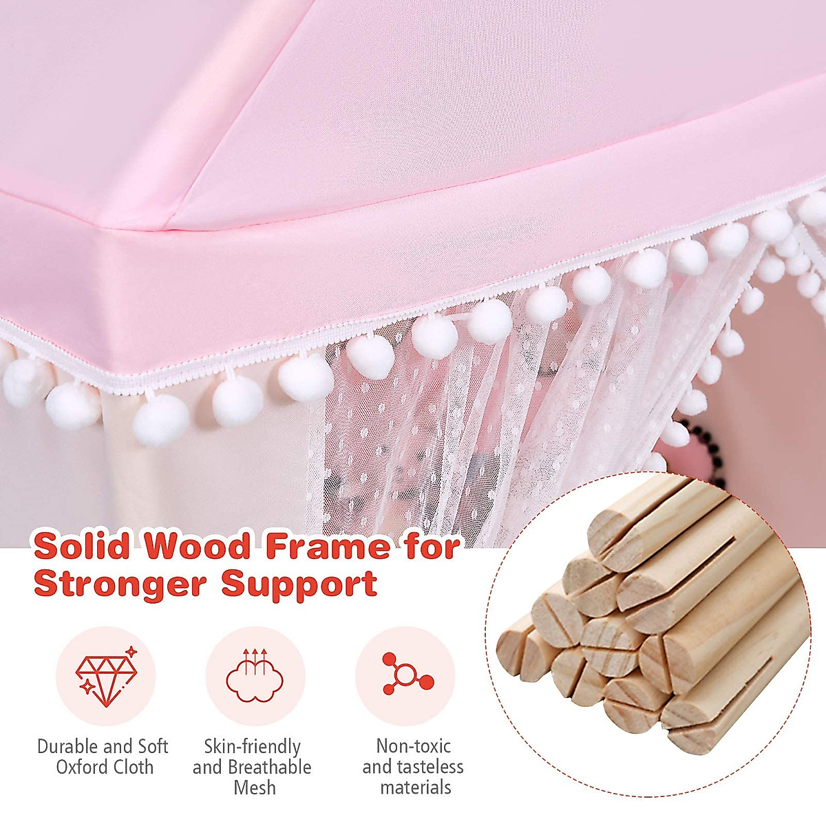 Costzon Kids Play Tent, Large Playhouse w/Washable Mat, Windows, Solid Wood Frame, Indoor Outdoor Princess Tent for Children Boys & Girls, Castle Fairy Tent, Holiday Birthday Gift (Pink)