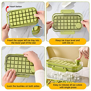 Kamsyluci Ice Cube Tray With Lid And Bin, Ice Cube Trays For Freezer, 64pcs Ice Lattice Molds Ice Container Maker For Freezer Box With Easy Release, Ez Ice Tray And Ice Scoop (Green)